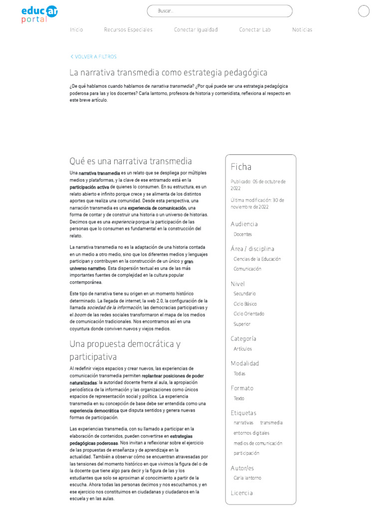 La Narrativa Transmedia Como Estrategia Pedagógica - Educ - Ar | PDF