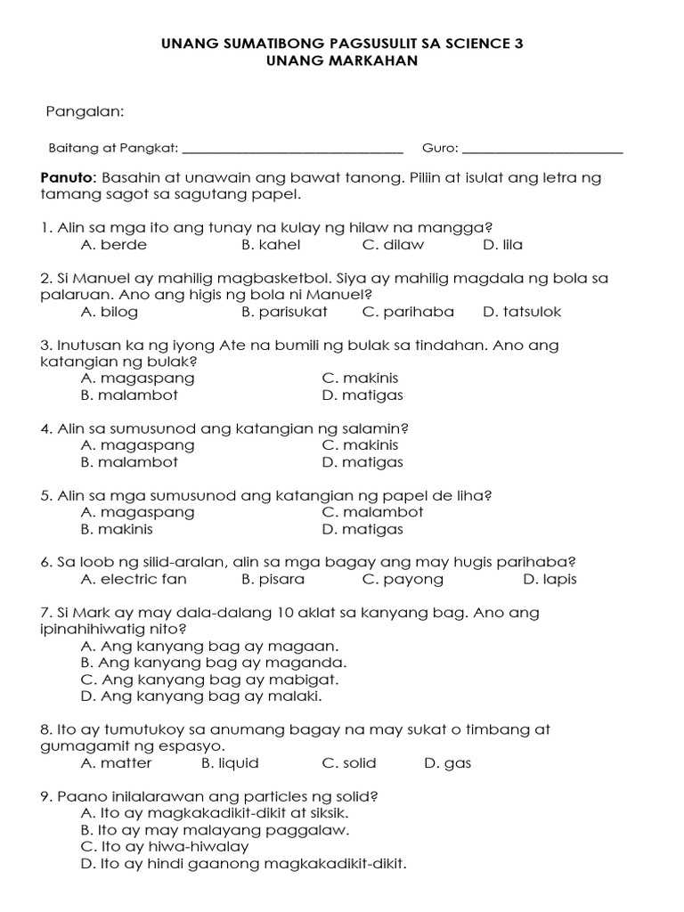 Unang Sumatibong Pagsusulit Sa Science 3 | PDF