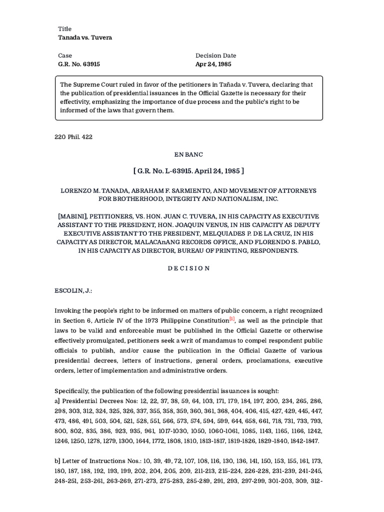Tanada vs. Tuvera DECISION | PDF