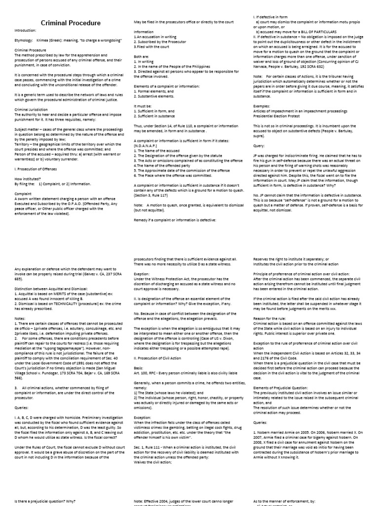 Criminal Procedure Notes | PDF | Plea | Complaint