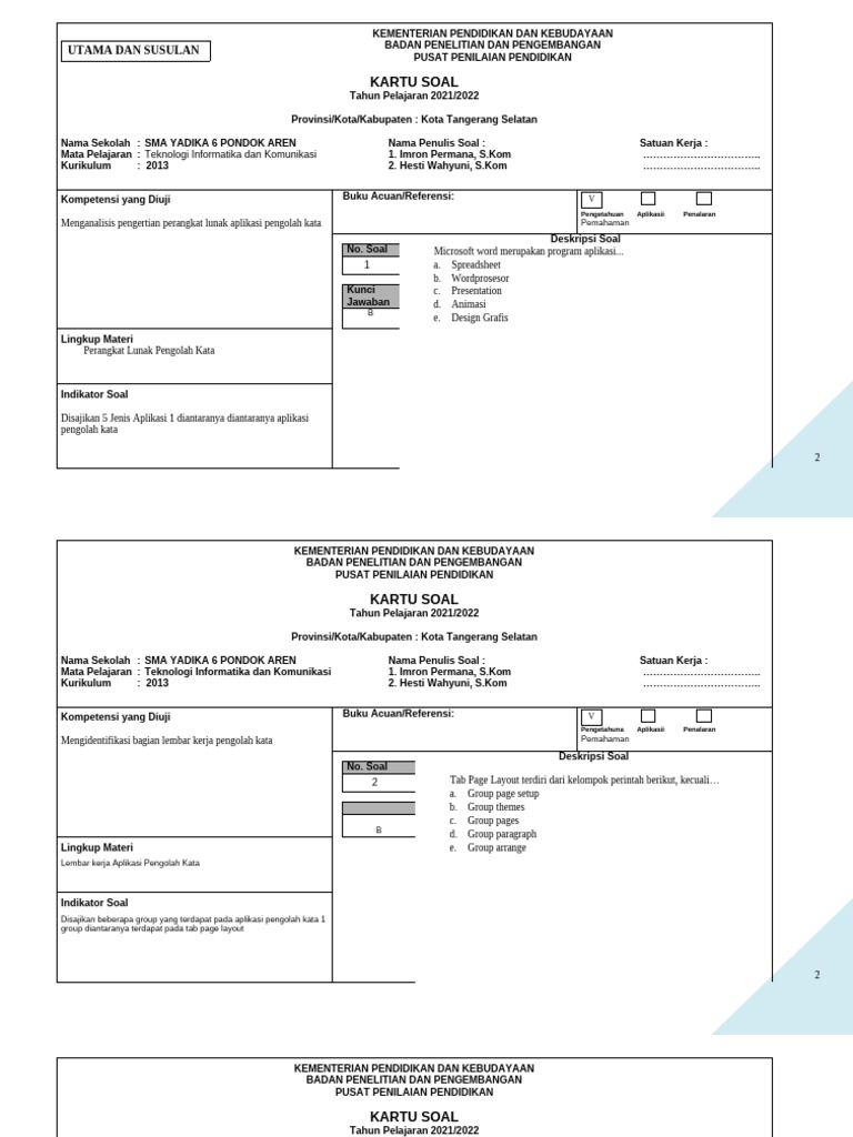Kartu Soal Usp Tik TP 2021-2022 | PDF
