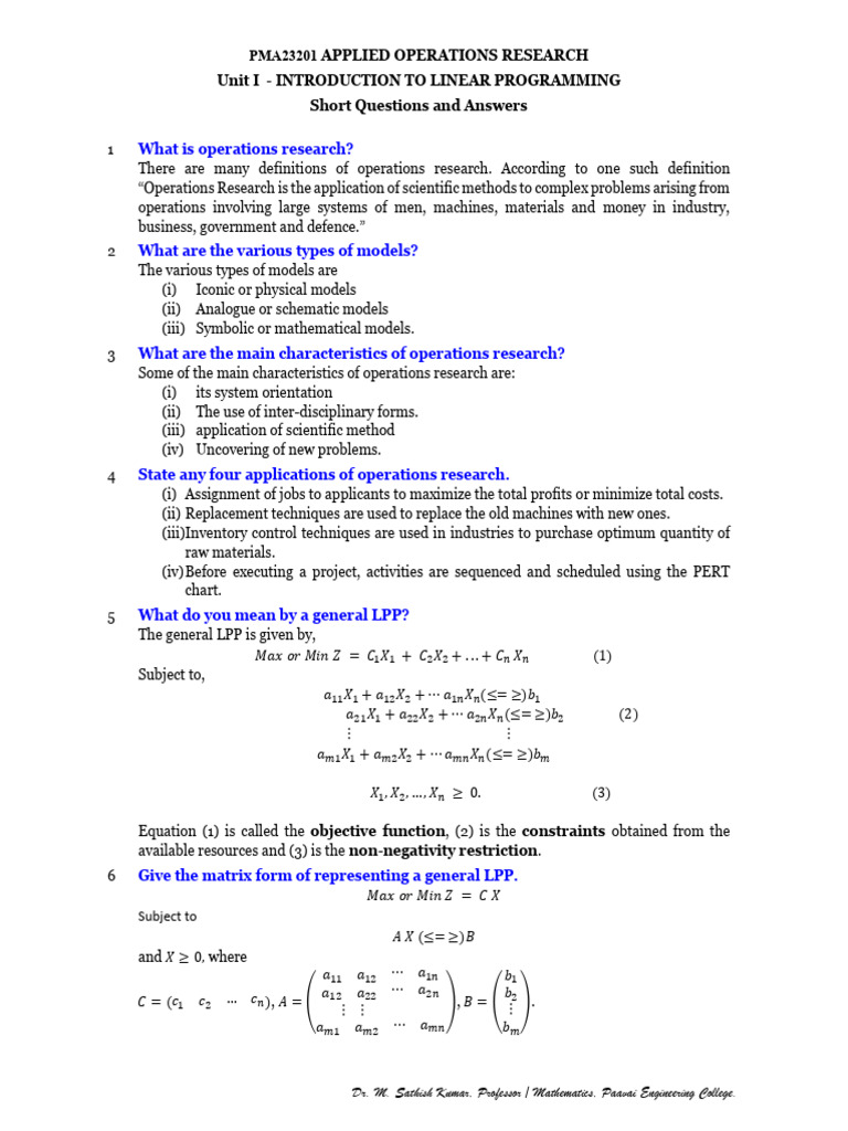 INTRODUCTION TO LINEAR PROGRAMMING Two Marks | PDF