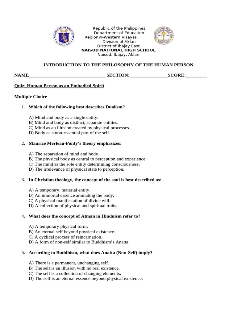 Quiz Human Person As An Embodied Spirit | PDF