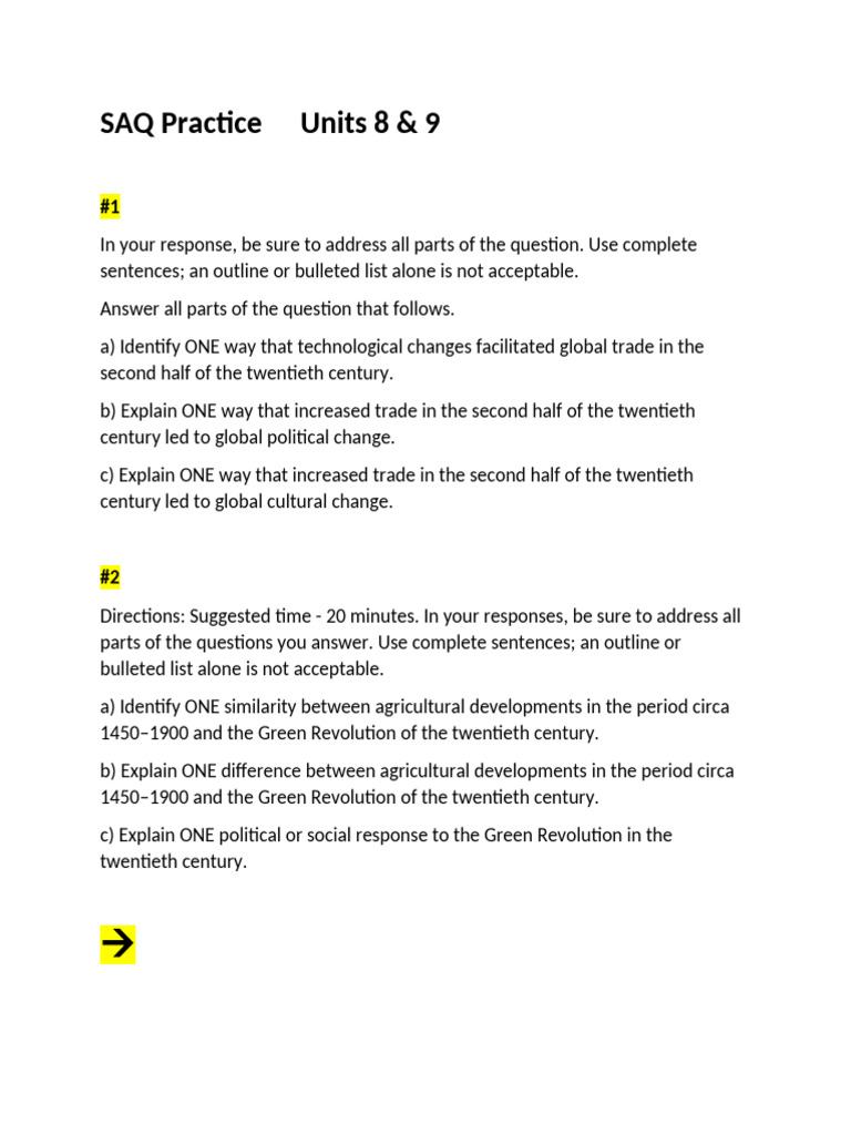 SAQ Practice Units 8 - 9 GLASS 2021 | PDF