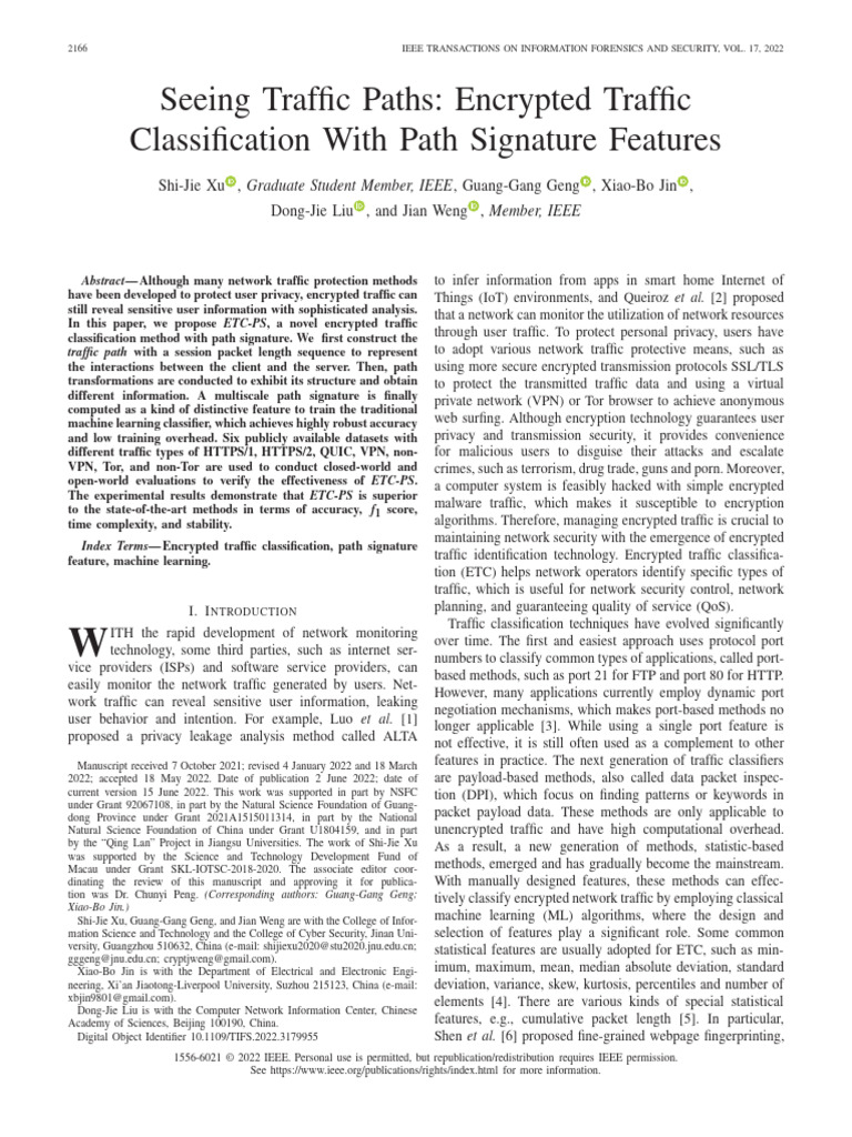 2022 Seeing Traffic Paths Encrypted Traffic Classification With Path Signature Features | PDF ...