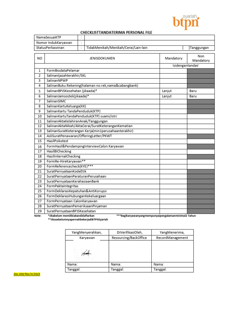 Checklist Personal File - SURAT PERNYATAAN SIM C | PDF