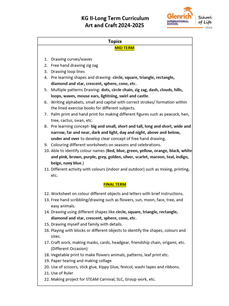 KG - II - Mid Term Curriculum Art and Craft KG II 2024-25 | PDF