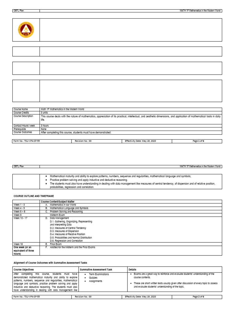 Math 1F OBTL Syllabus | PDF