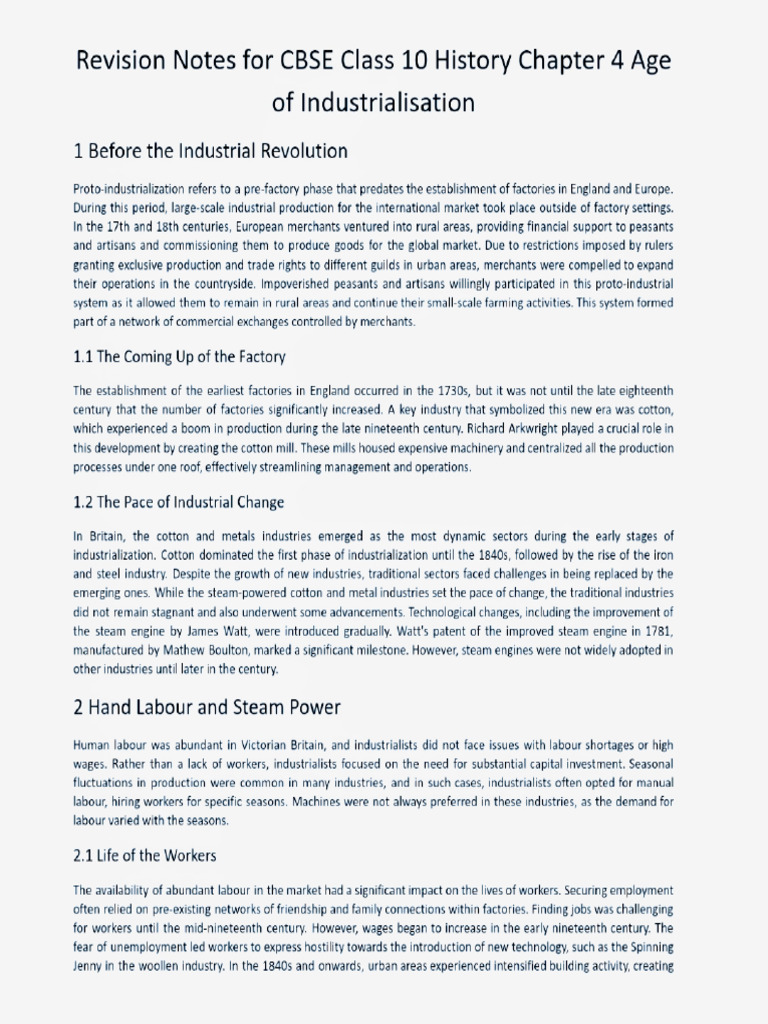 Industralisation Short Revision Notes Sheet PDF | PDF