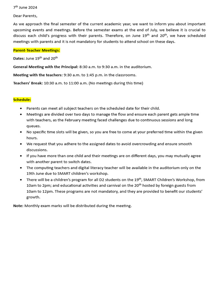 Parents Meeting On 19th & 20th June 2024 - Grade 2B | PDF