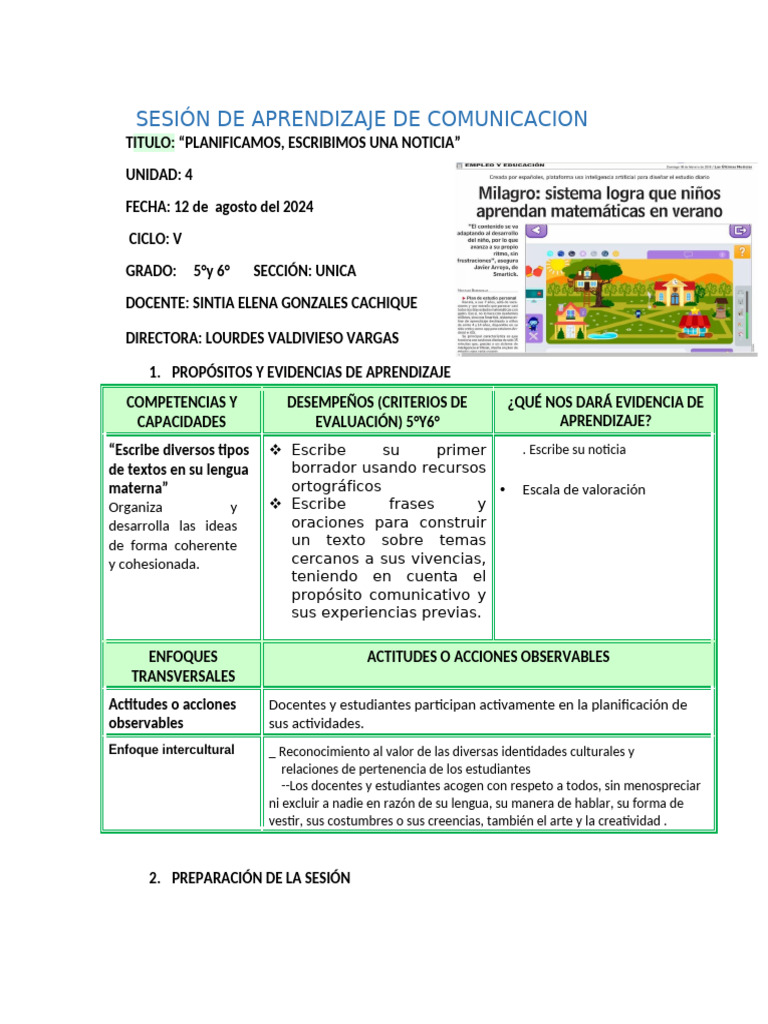 SESIÓN DE APRENDIZAJE DE COMUNICACION Escribimos Noticias | PDF