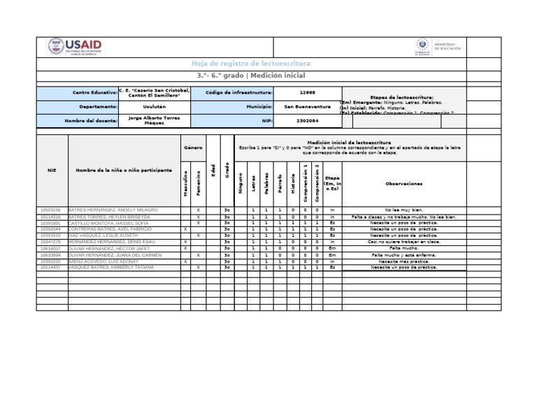 ? Hoja de Registro de Lectoescritura - 3.° A 6.° | PDF