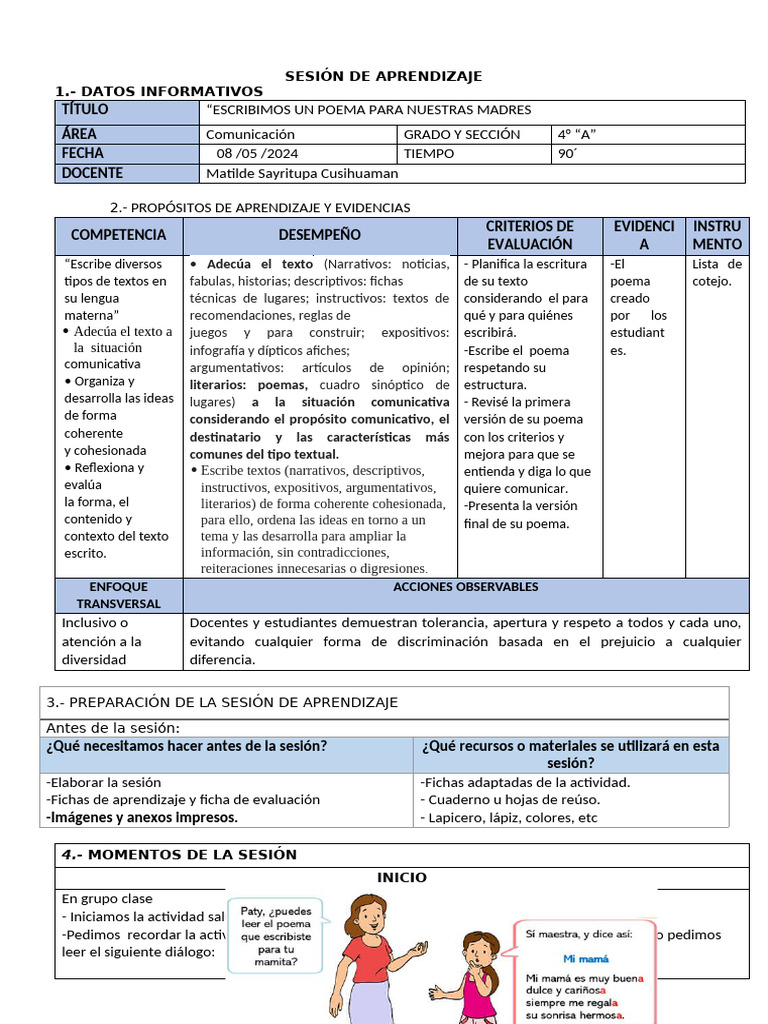 Sesión De Aprendizaje De Comunicación Escribimos Un Poema Para Mamá U2