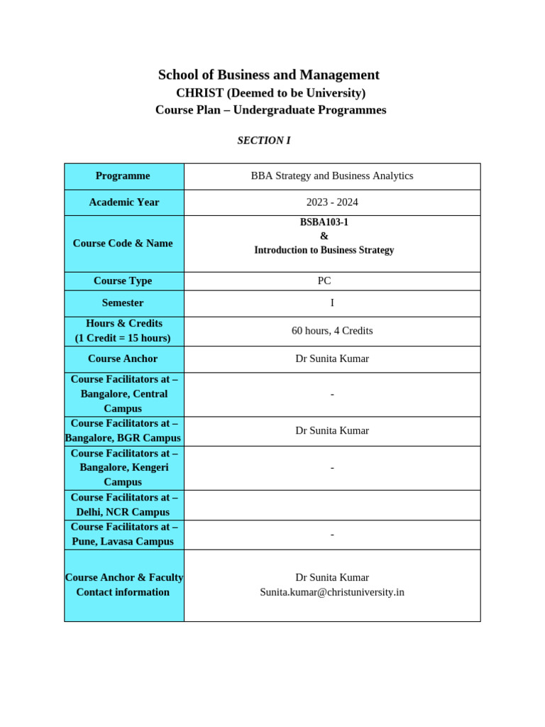 Intro To Business Strategy Course Plan | PDF