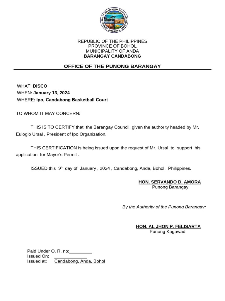 Barangay Permit - Disco | PDF