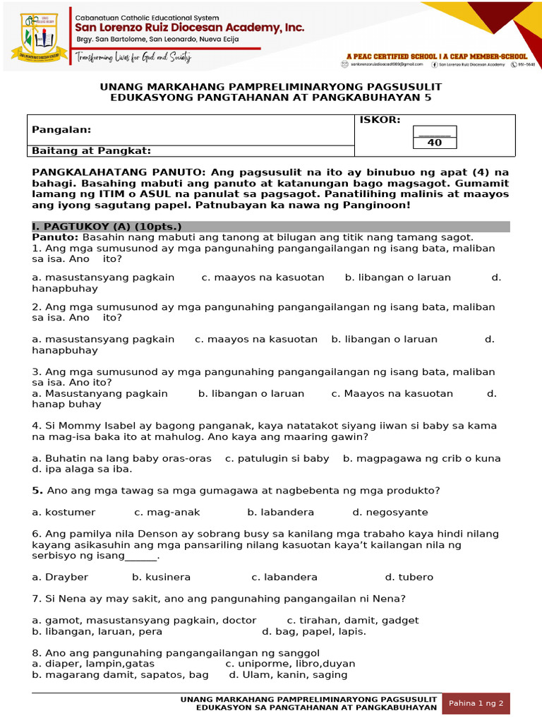 Prelim Exam Epp 5 Q1 | PDF
