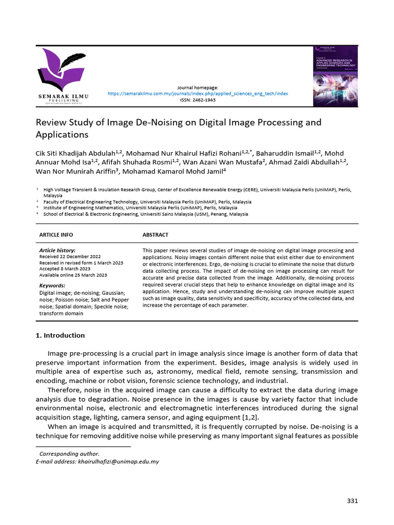 2023 Review Study of Image de Noising On Digital Image Processing | PDF