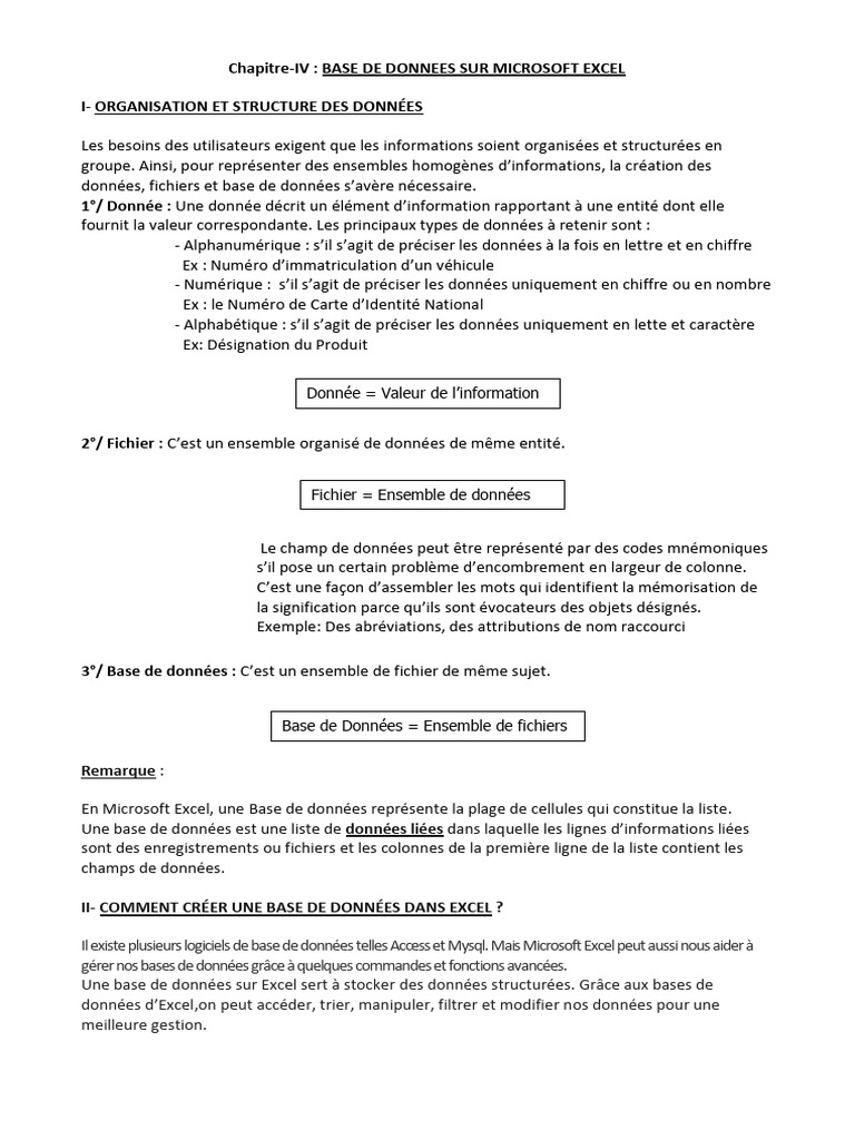 Chapitre-I BASE DE DONNEES SUR EXCEL | PDF