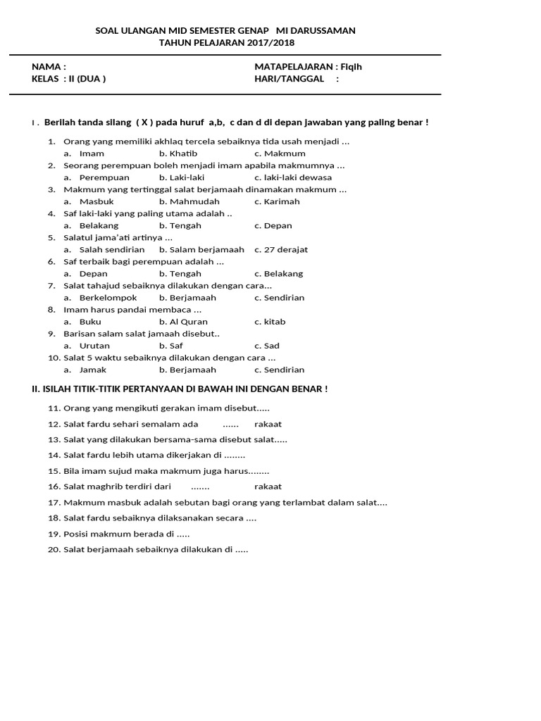 SOAL MID SEMESTER GENAP Kelas 2 2017 - 2018 | PDF