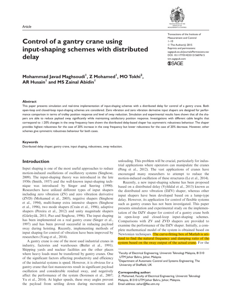 Control of A Gantry Crane Using Input Shaping Schemes With Distributed Delay | PDF
