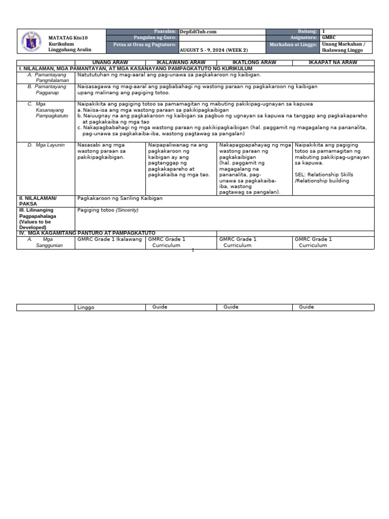 DLL Matatag - GMRC 1 - Q1 - W2 | PDF