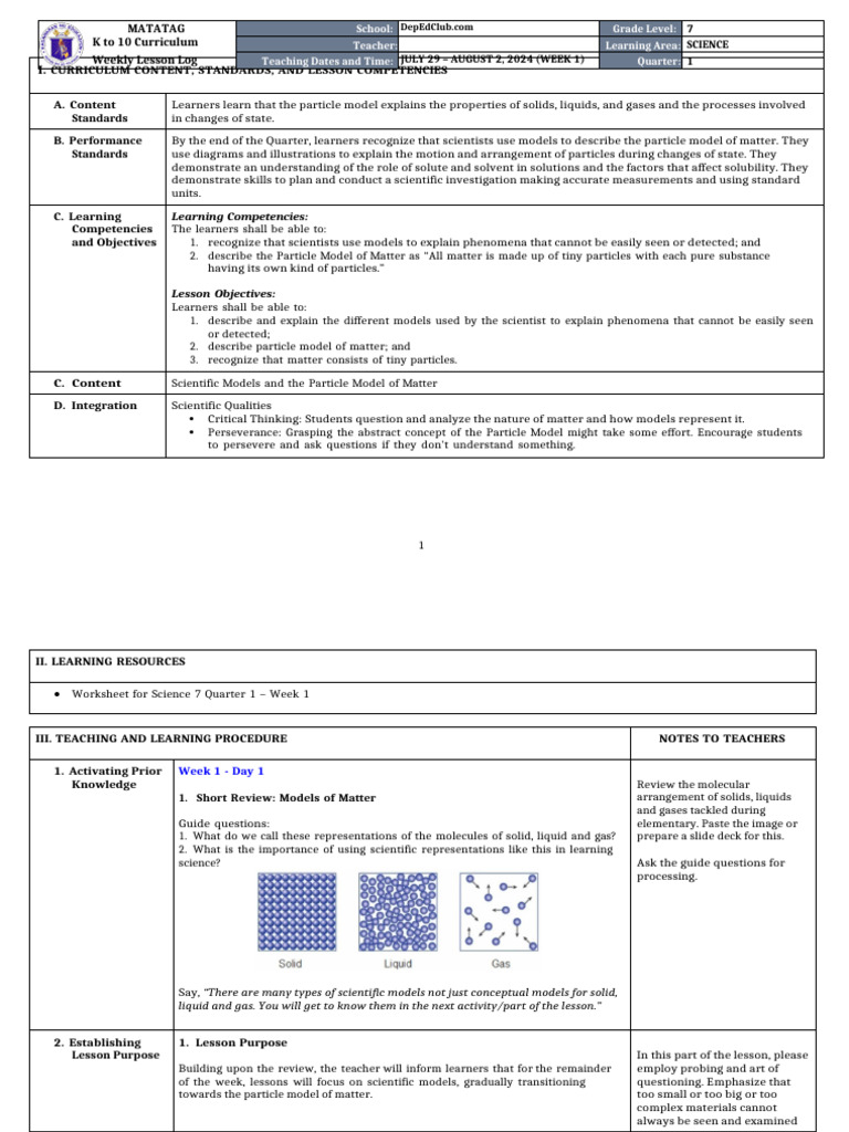 DLL Matatag - Science 7 Q1 W1 | PDF