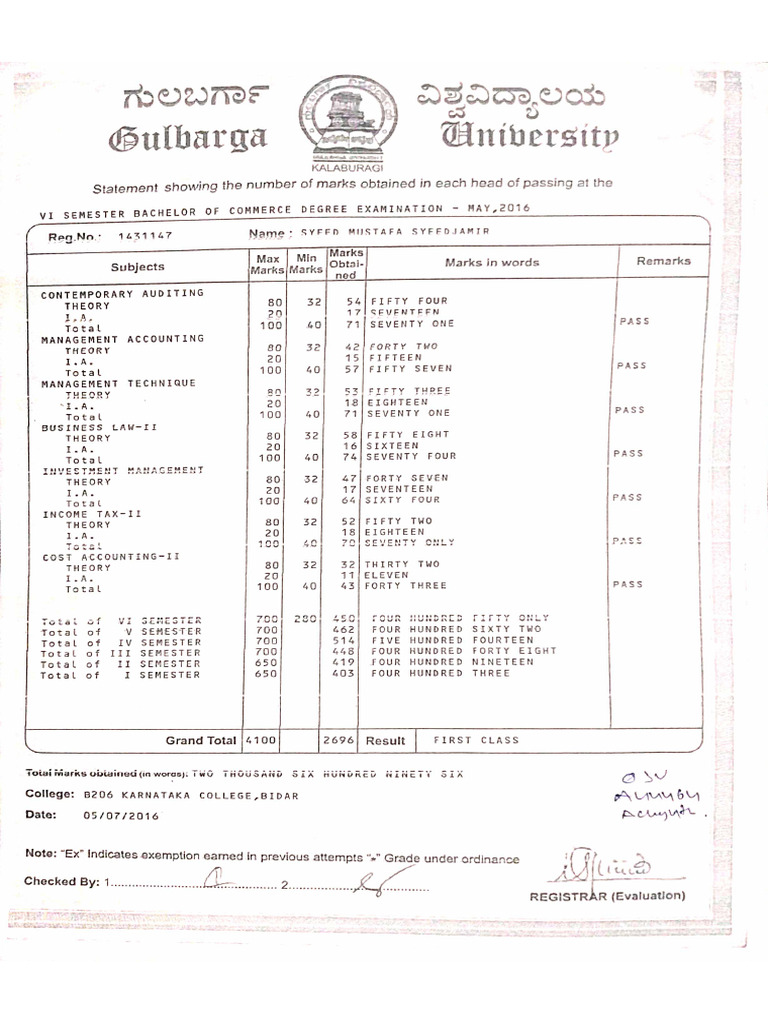 Degree Marks Card Mustafa | PDF