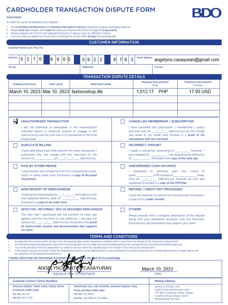 Transaction Dispute Form | PDF