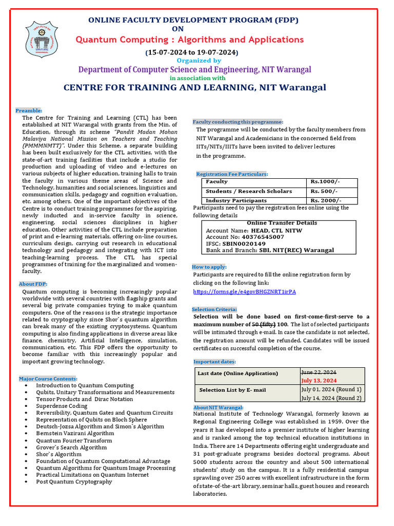 Brochure_FDP on Quantum Computing Algorithms and Applications - NIT ... Brochure_FDP on Quantum Computing Algorithms and Applications - NIT ...