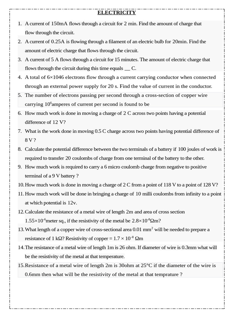 ELECTRICITY Q and A Problems | PDF | Electric Current | Voltage