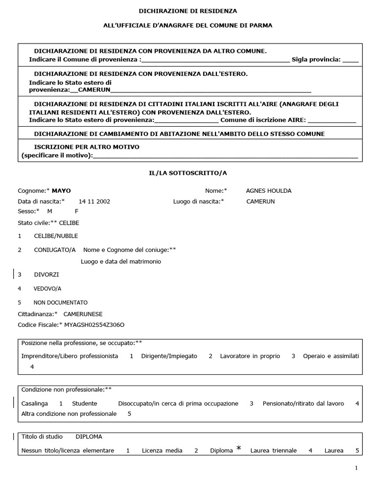 Modulo Dichiarazione Di Residenza Dopo Anpr - 1 | PDF