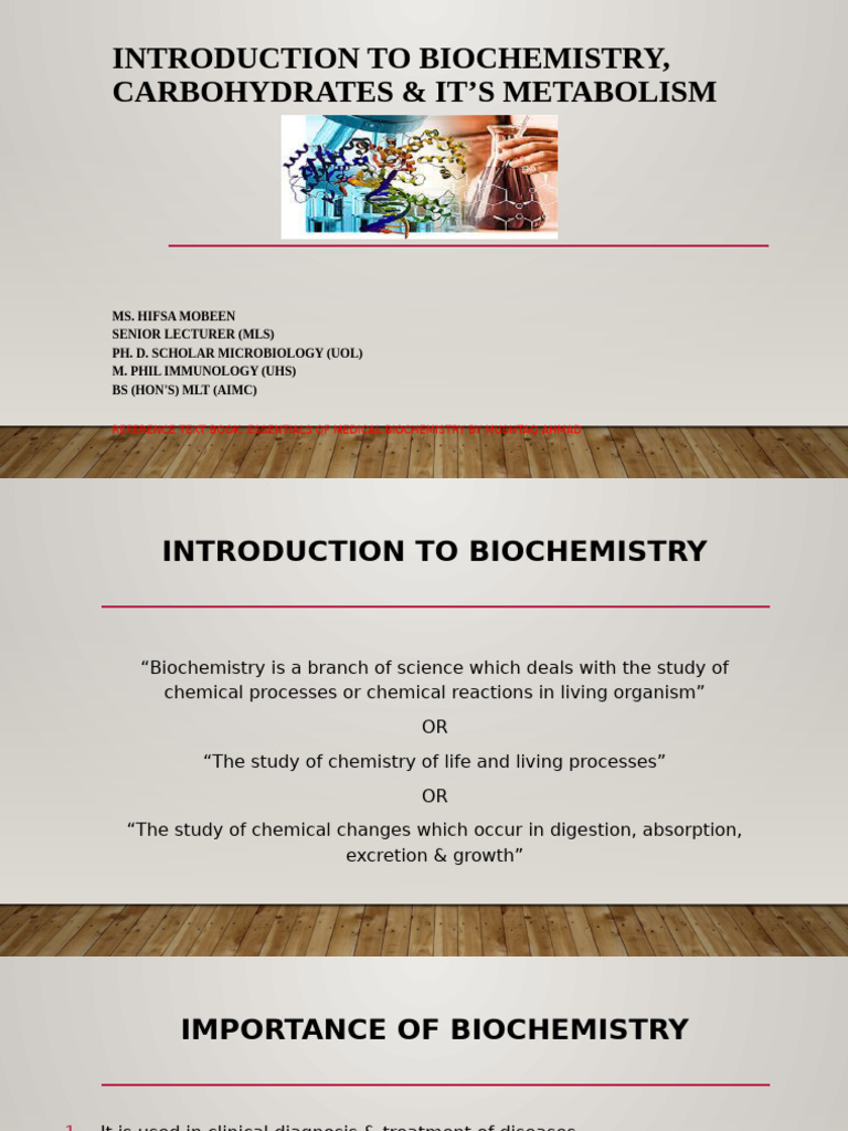 Introduction To Biochemistry, Carbohydrates & It's Metabolism | PDF