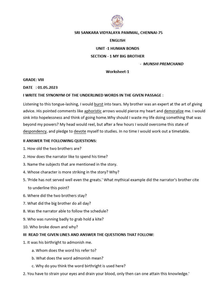 8th English Worksheet-1 | PDF
