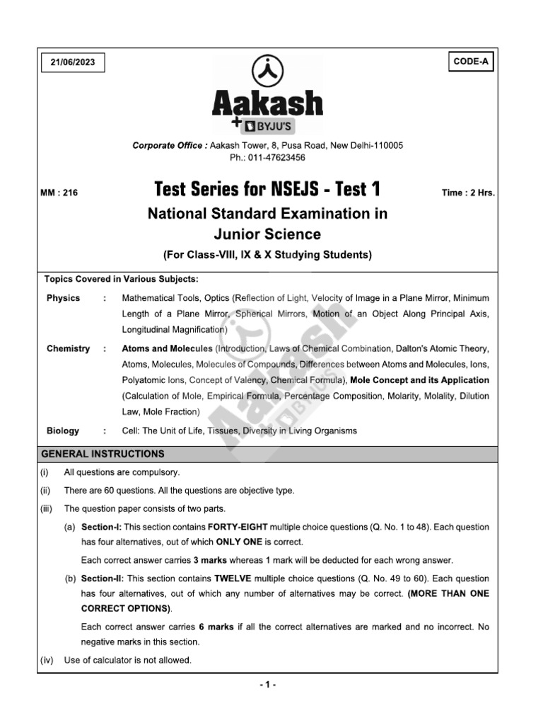Nsejs Test-1a - Class-Viii, Ix & X - (21!06!2023) - Upload | PDF