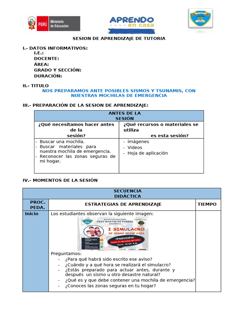 Sesion de Aprendizaje de Tutoria - Mochila de Emergencia | PDF