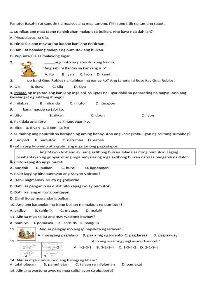 Filipino Language Quiz on Volcanoes and Grammar | PDF | Language Arts ...