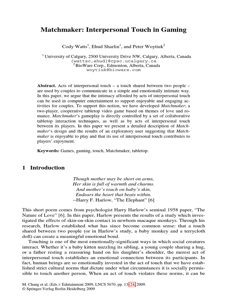 Matchmaker Interpersonal Touch in Gaming | PDF