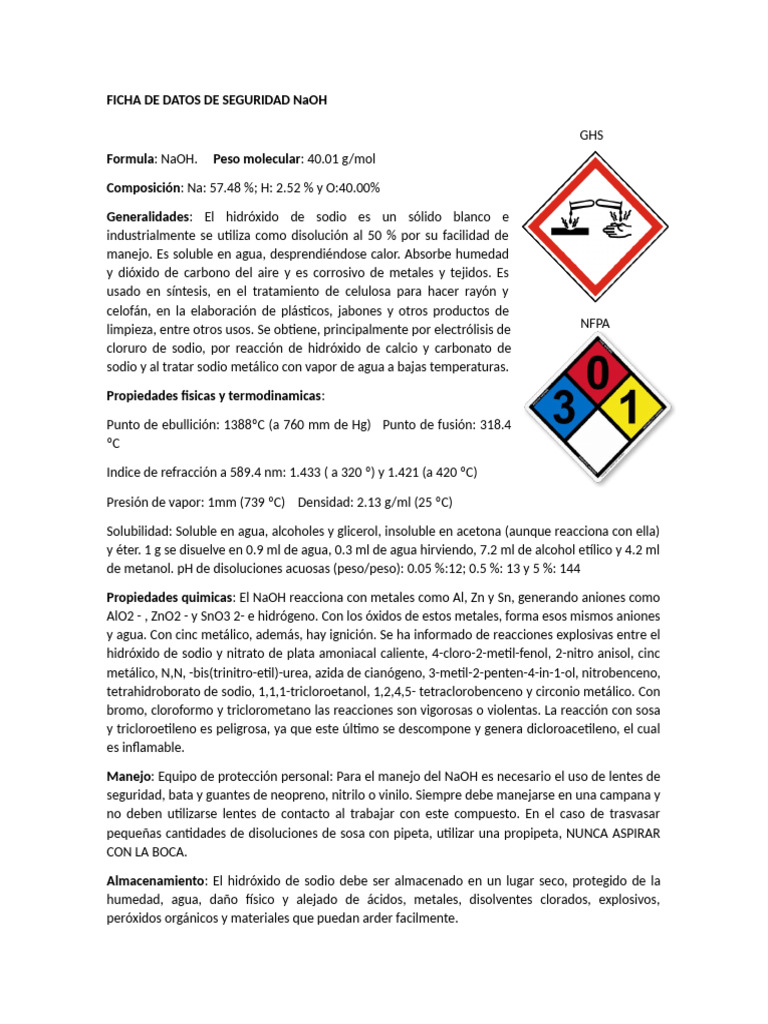 FICHA DE DATOS DE SEGURIDAD NaOH | PDF | Hidróxido de sodio | Cocina, comidas y vino