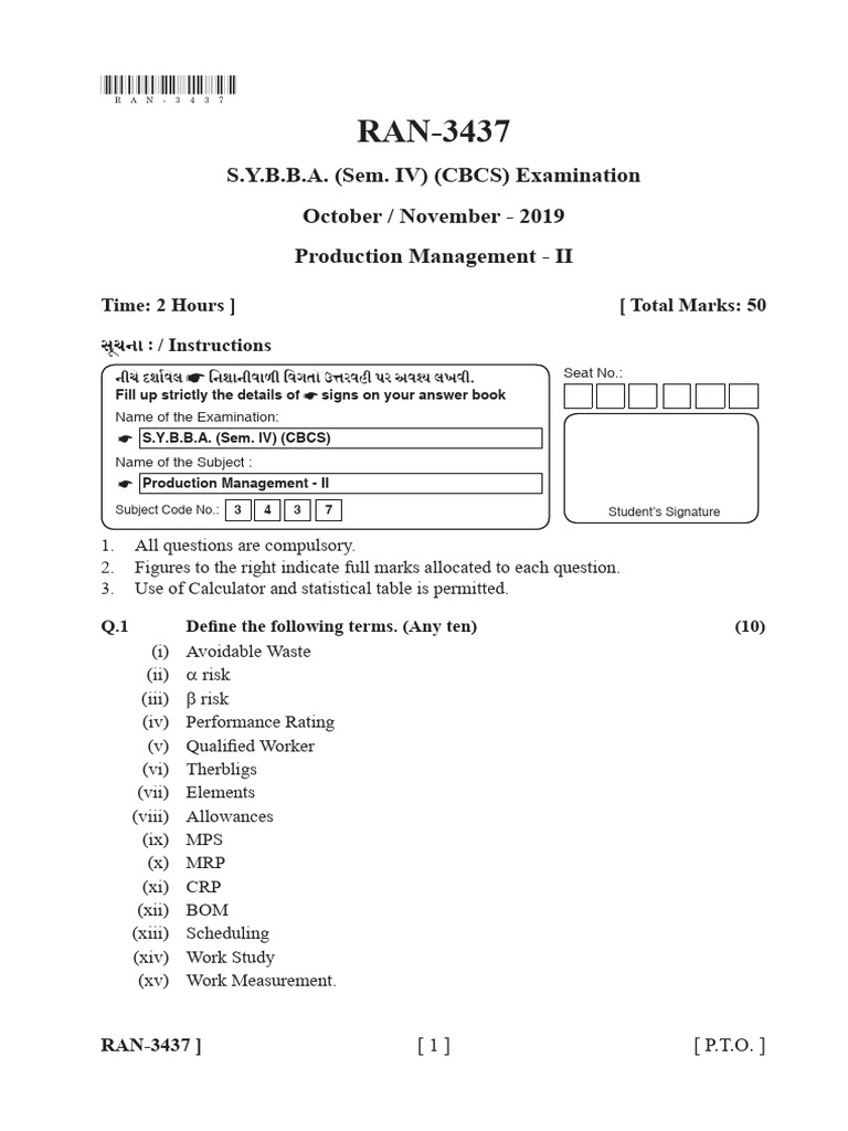 S.Y.B.B.a. (SEM-IV) Examination Oct.nov.-2019 -Production Manage.-ii | PDF
