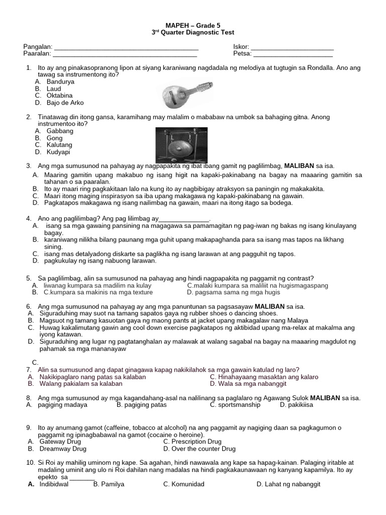 MAPEH – Grade 5-3rd QAT-Diagnostic test | PDF