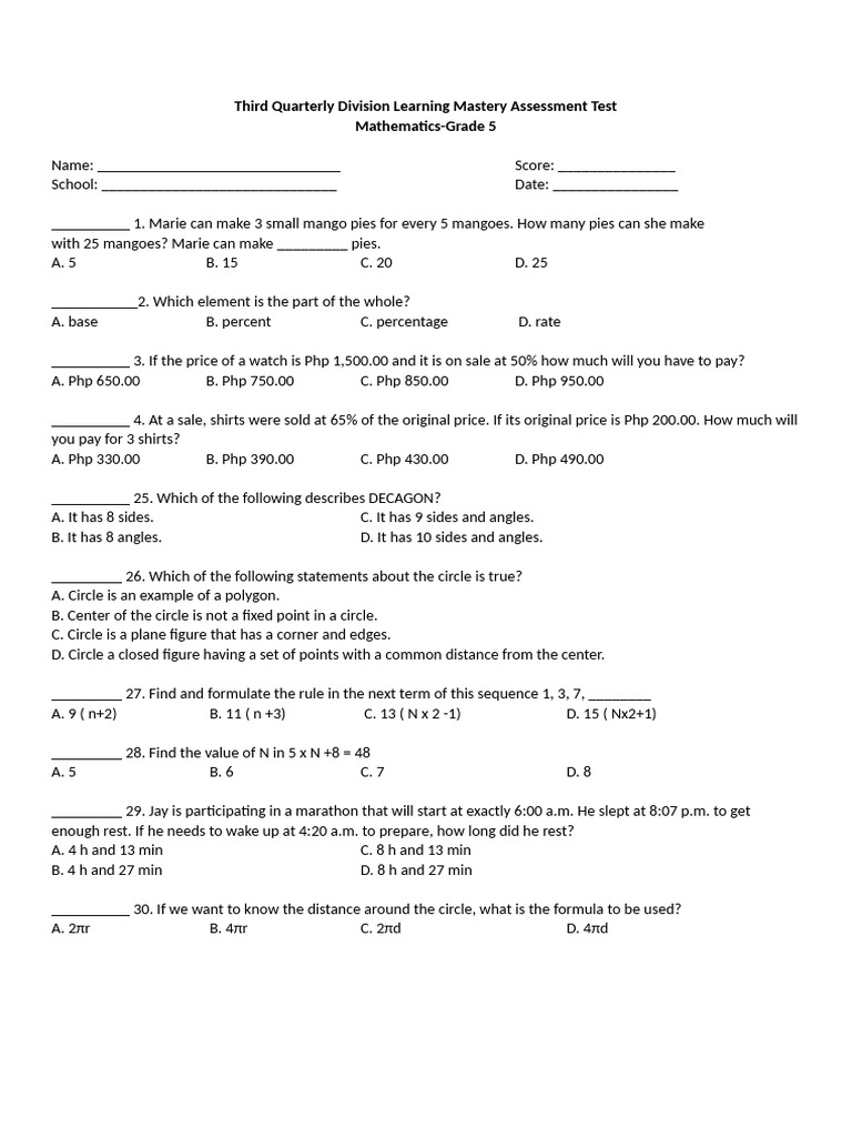 Third Quarterly Division Learning Mastery Assessment Test | PDF