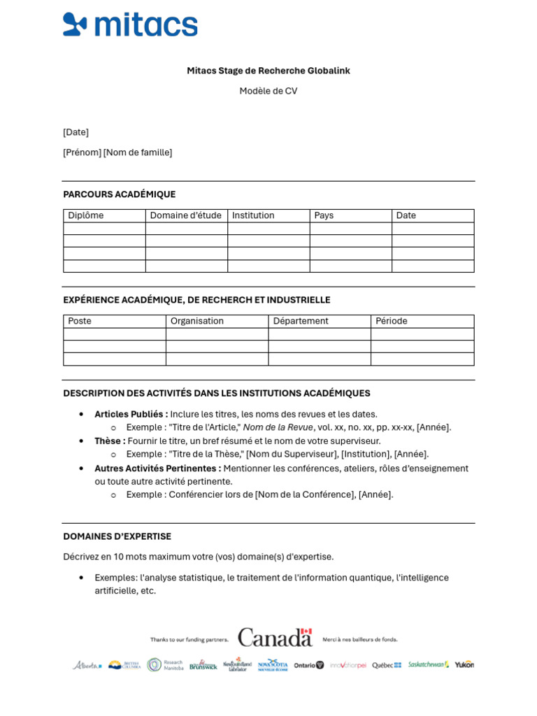 Mitacs Stage de Recherche Globalink - modèle de CV | PDF