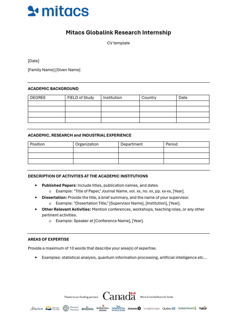 Mitacs Globalink Research Internship - CV Template | PDF