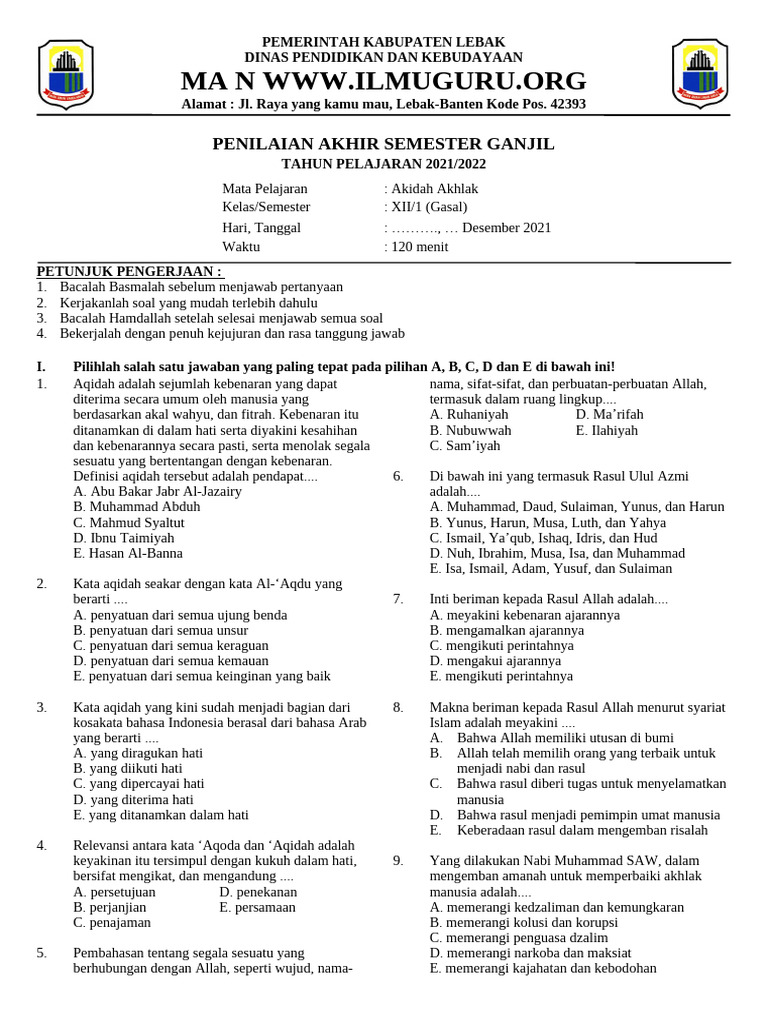 Soal Pas Akidah Akhlak Kelas 12 Ganjil | PDF
