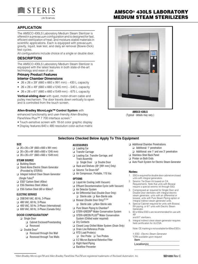AMSCO LS Series Medium Steam Sterilizers 430LS Tech Data | PDF