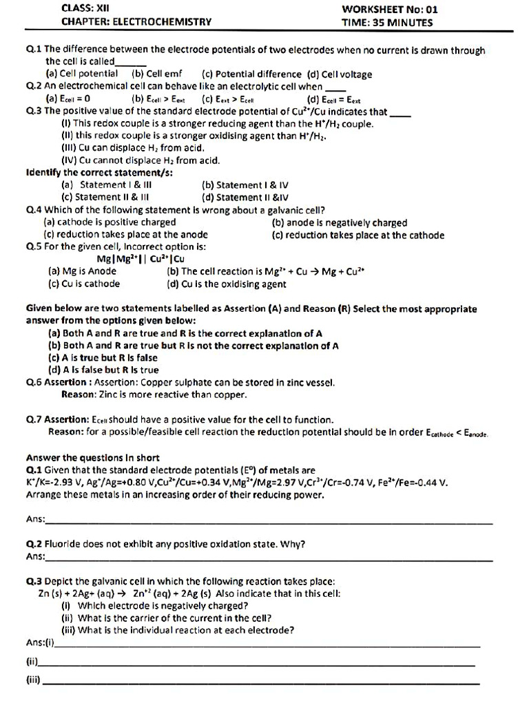 Electrochem Worksheet | PDF