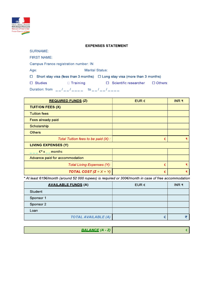 Expense Statement - Long Stay Student Visa | PDF