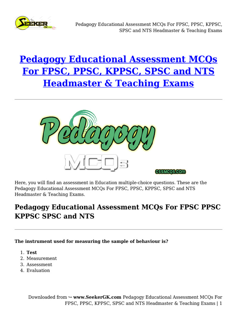 Pedagogy Educational Assessment MCQs For FPSC, PPSC, KPPSC, SPSC and ...