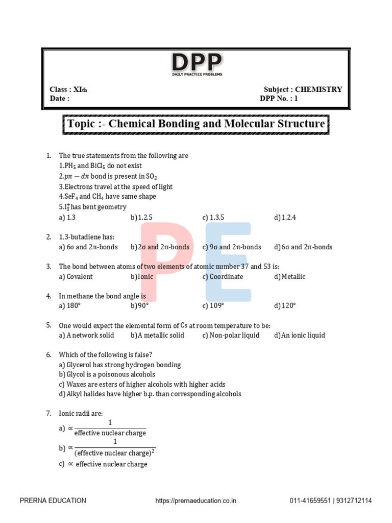 Chemical Bonding and Molecular Structure DPP 1 Min | PDF | Chemical Bond | Ionic Bonding