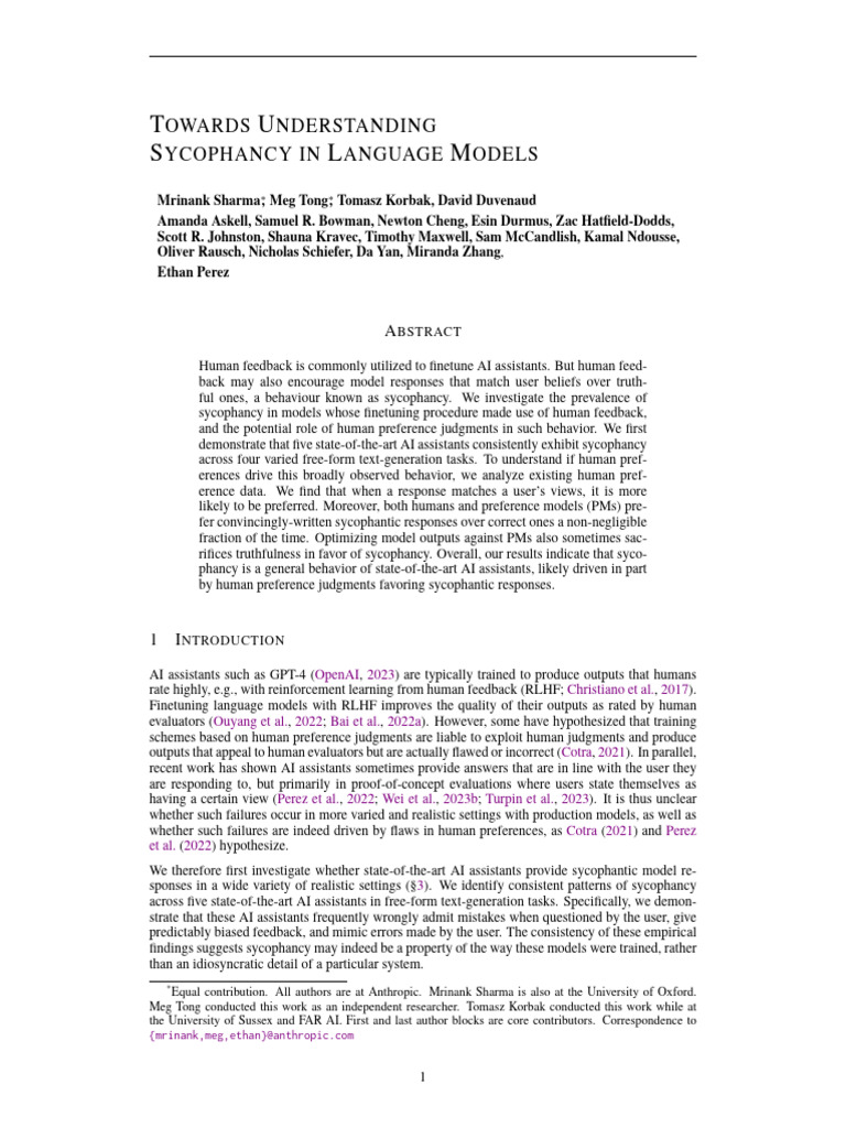 Towards Understanding Sycophancy in Language Models | PDF